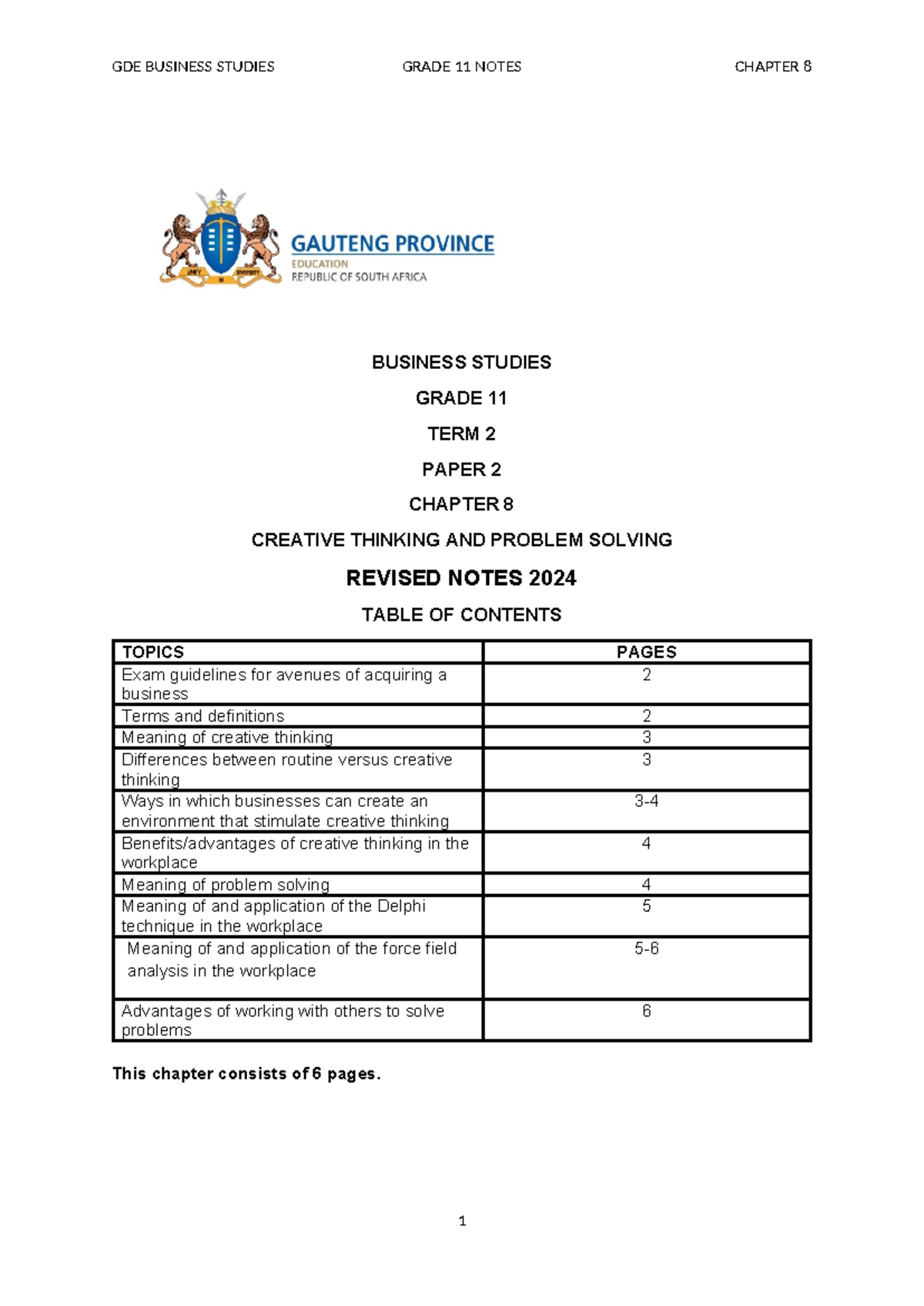 Grade 11 Business Studies Term 2 CH 8 Creative Thinking & Problem ...
