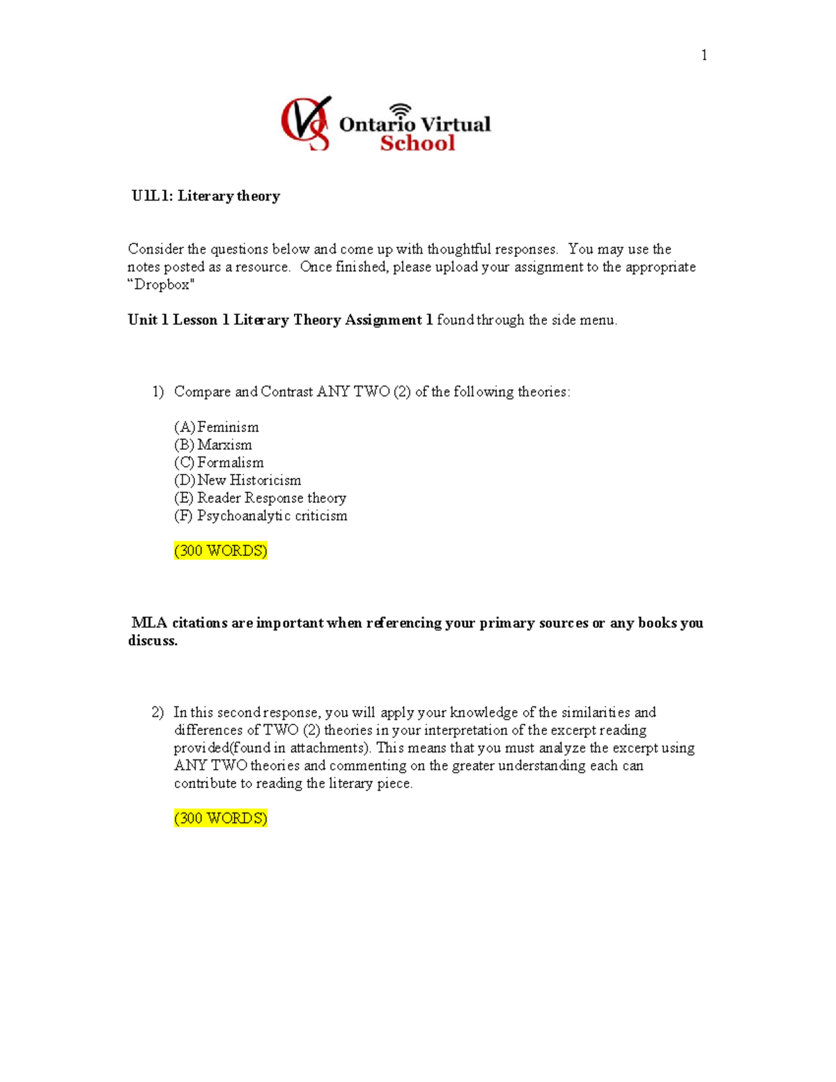 U1L1: Literary Theory Assignment - Comparing Critical Theories - Studocu
