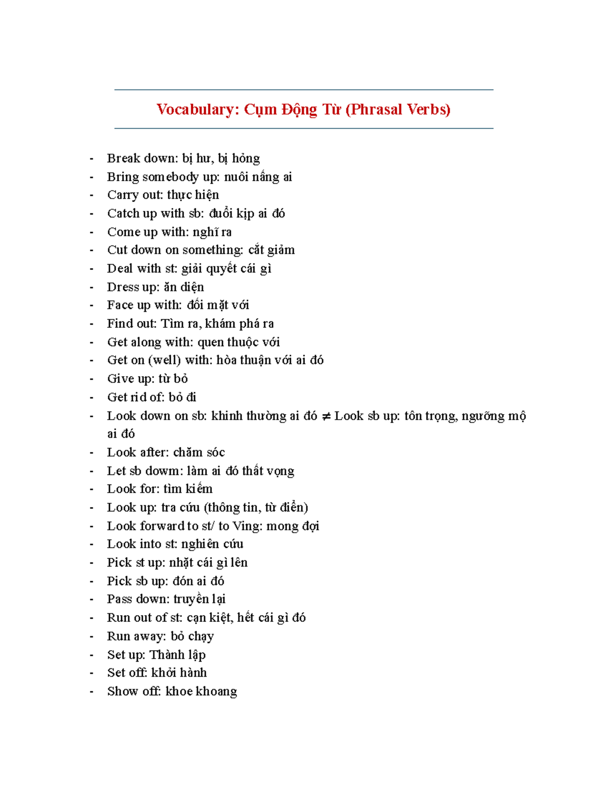 Vocabulary: Cụm Động Từ (Phrasal Verbs) - Exercises & Examples - Studocu