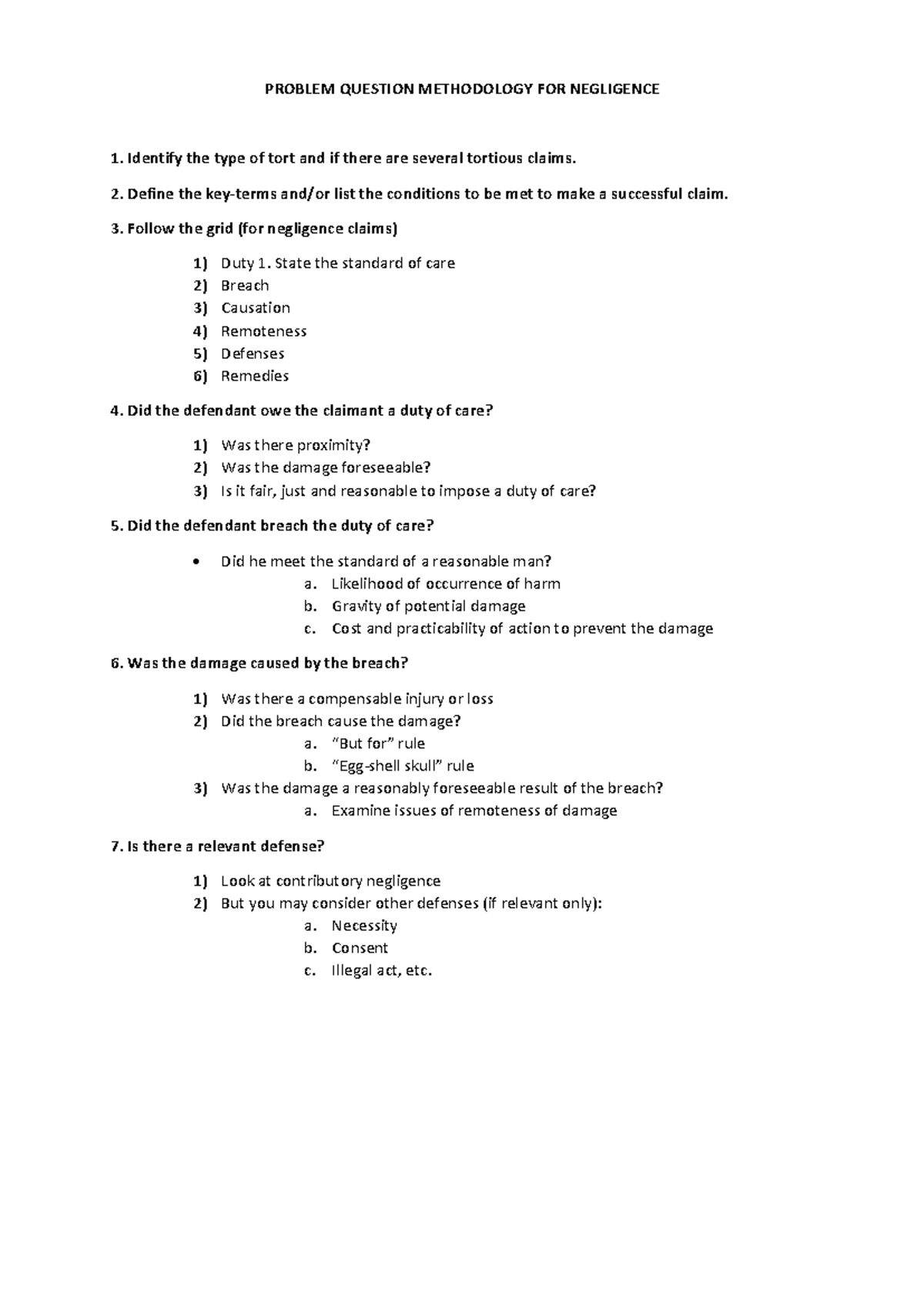 Negligence Methodology: Analyzing Tort Claims and Defenses - Studocu