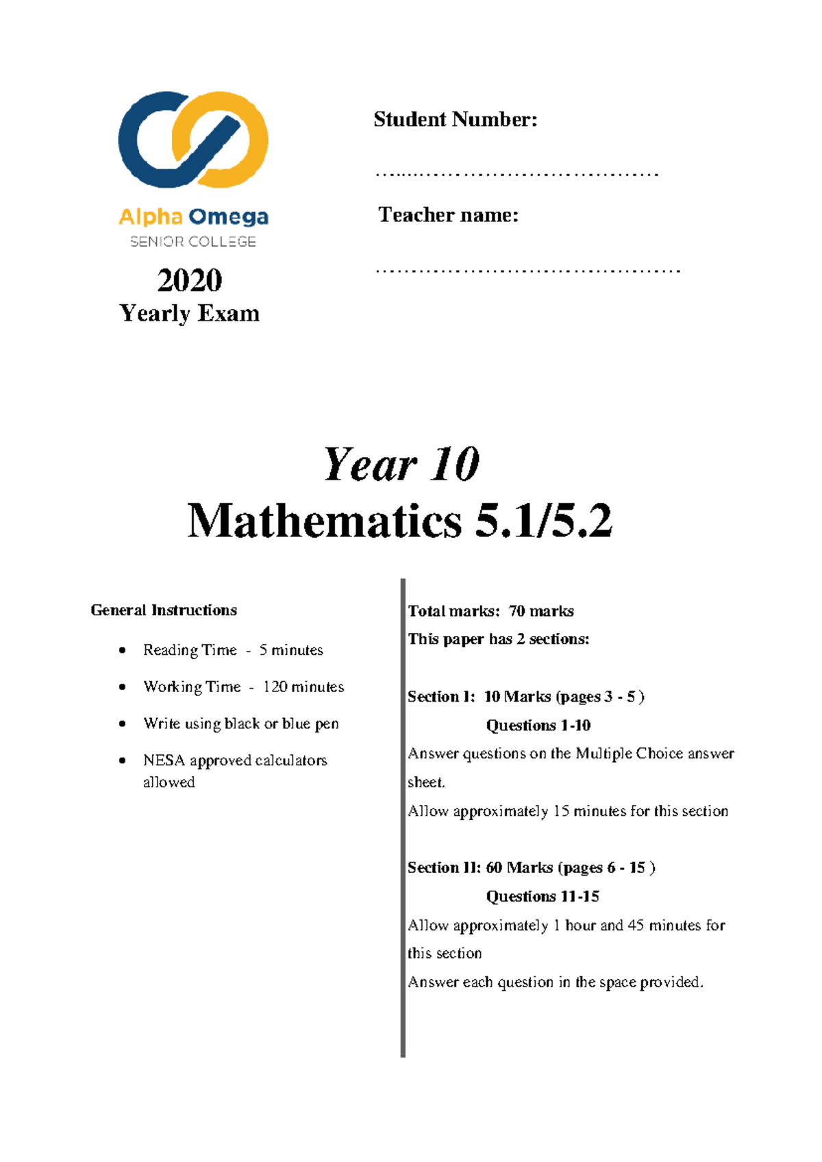 2020 Yearly Paper - YEAR 10 Mathematics - General Instructions Reading ...