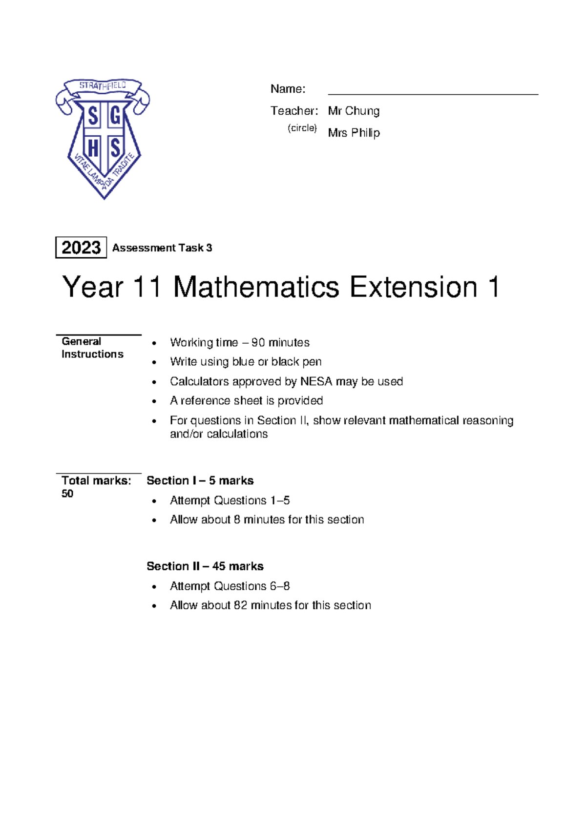 2023 Y11 Mathematics Extension 1 Task 3 Solutions - Studocu