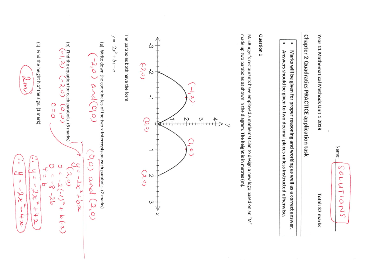 2020 Practice Quadratics Task 2 - SOLUTIONS Name: Year 11 Mathematical ...