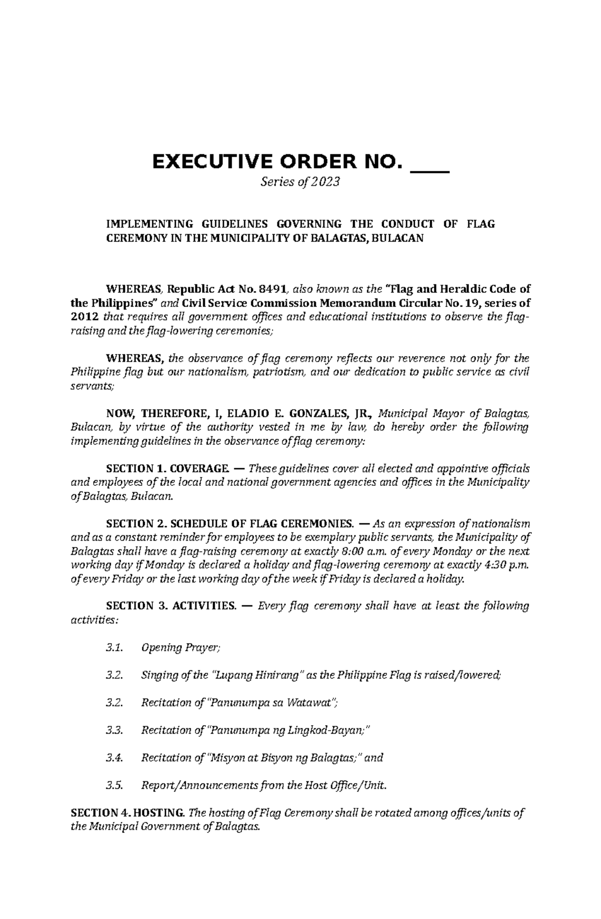 Executive Order No. ____: Guidelines for Flag Ceremony in 2023 - Studocu