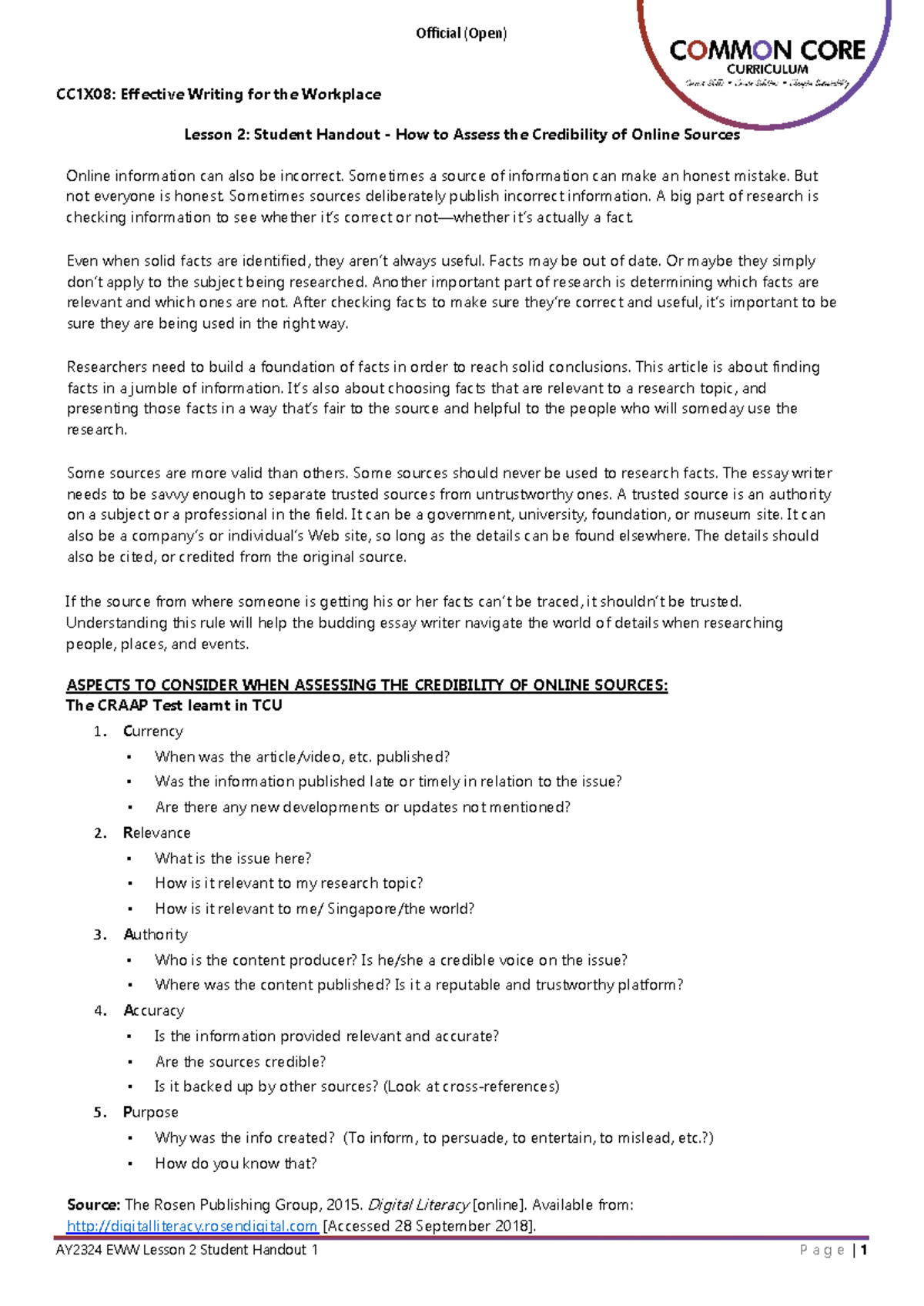 CC1X08 AY2324 EWW Lesson 2: Assessing Online Source Credibility - Studocu