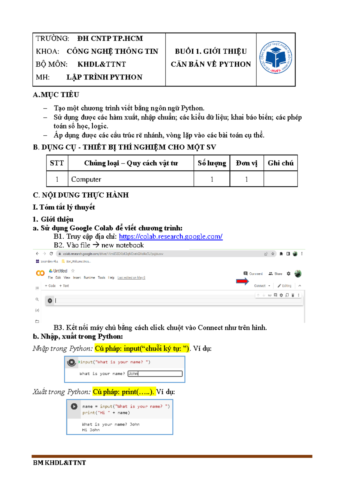 1 Gioi thieu Python - TRƯỜNG: ĐH CNTP TP KHOA: CÔNG NGHỆ THÔNG TIN BỘ ...