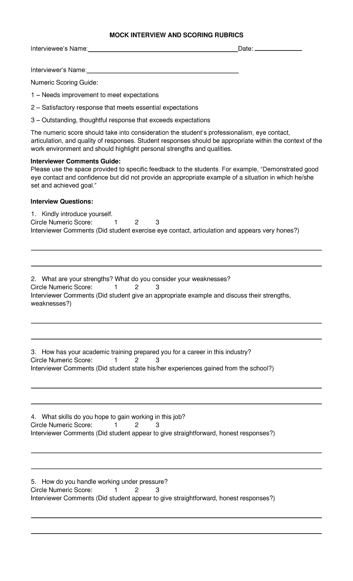MTCGS MOCK Interview Scoring Rubrics and Feedback Guide - Studocu