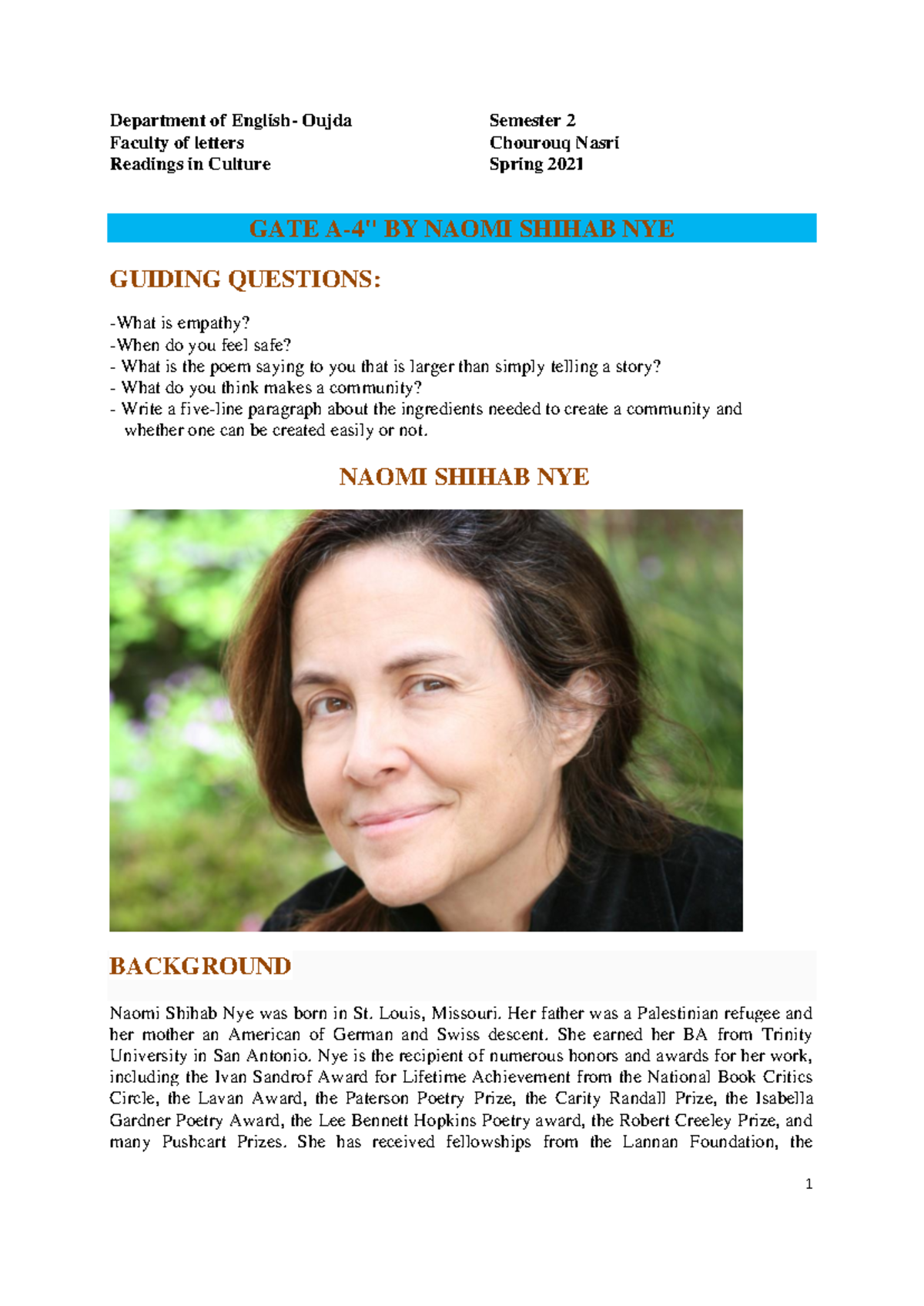 Reading in Culture: GATE A-4 by Naomi Shihab Nye - Semester 2 Insights ...