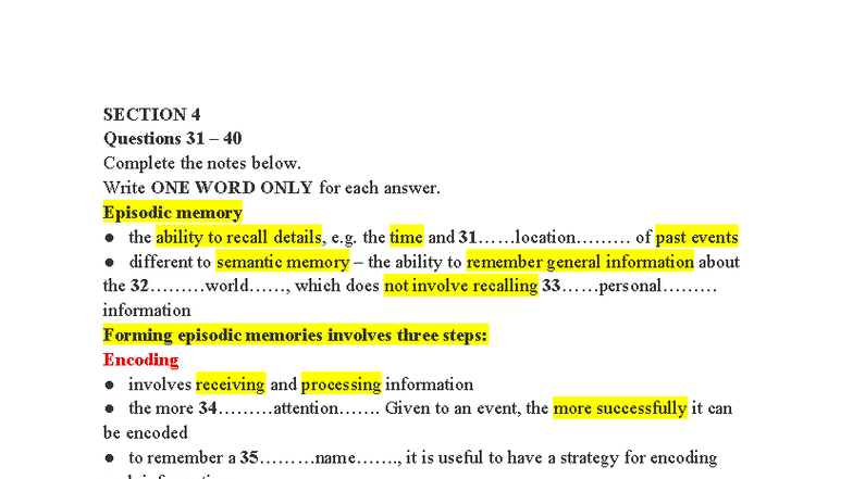 Section 4 - Episodic Memory Notes (HUS 101) - Studocu