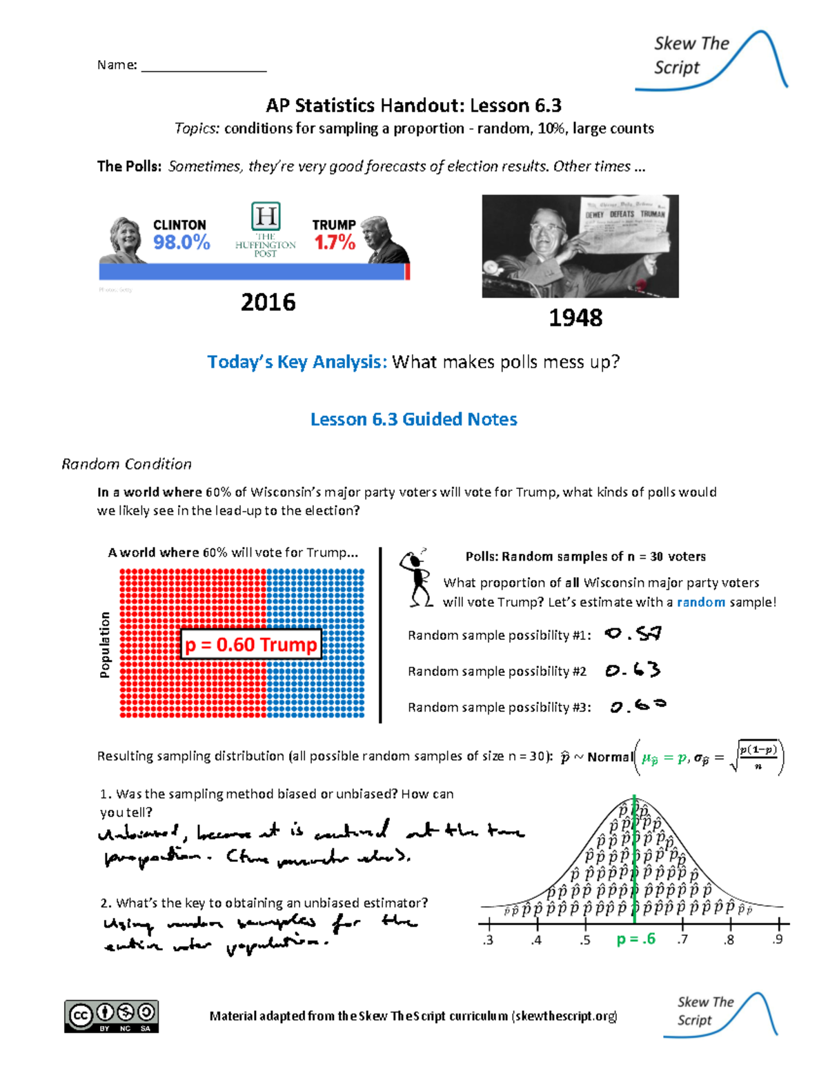 AP Stats Lesson 6.3: Conditions for Sampling a Proportion - Studocu