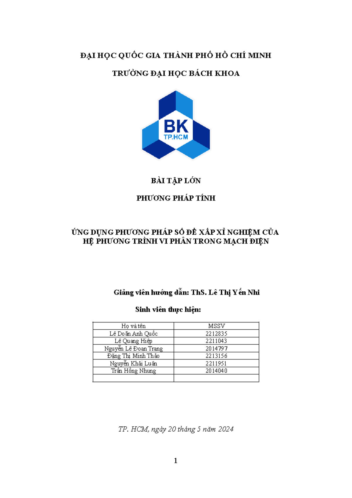 Bài Tập Lớn: Ứng Dụng Phương Pháp Số Trong Điện - Nhóm 14-L06 - Studocu