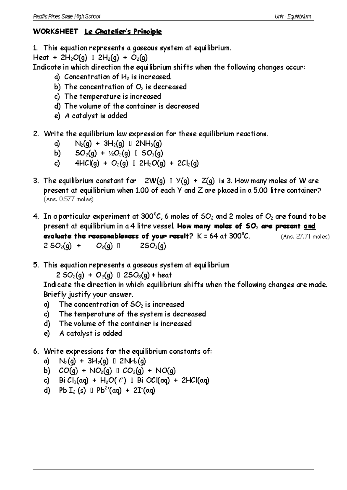 Pacific Pines SHS Unit: Equilibrium Worksheet - Le Chatelier's ...