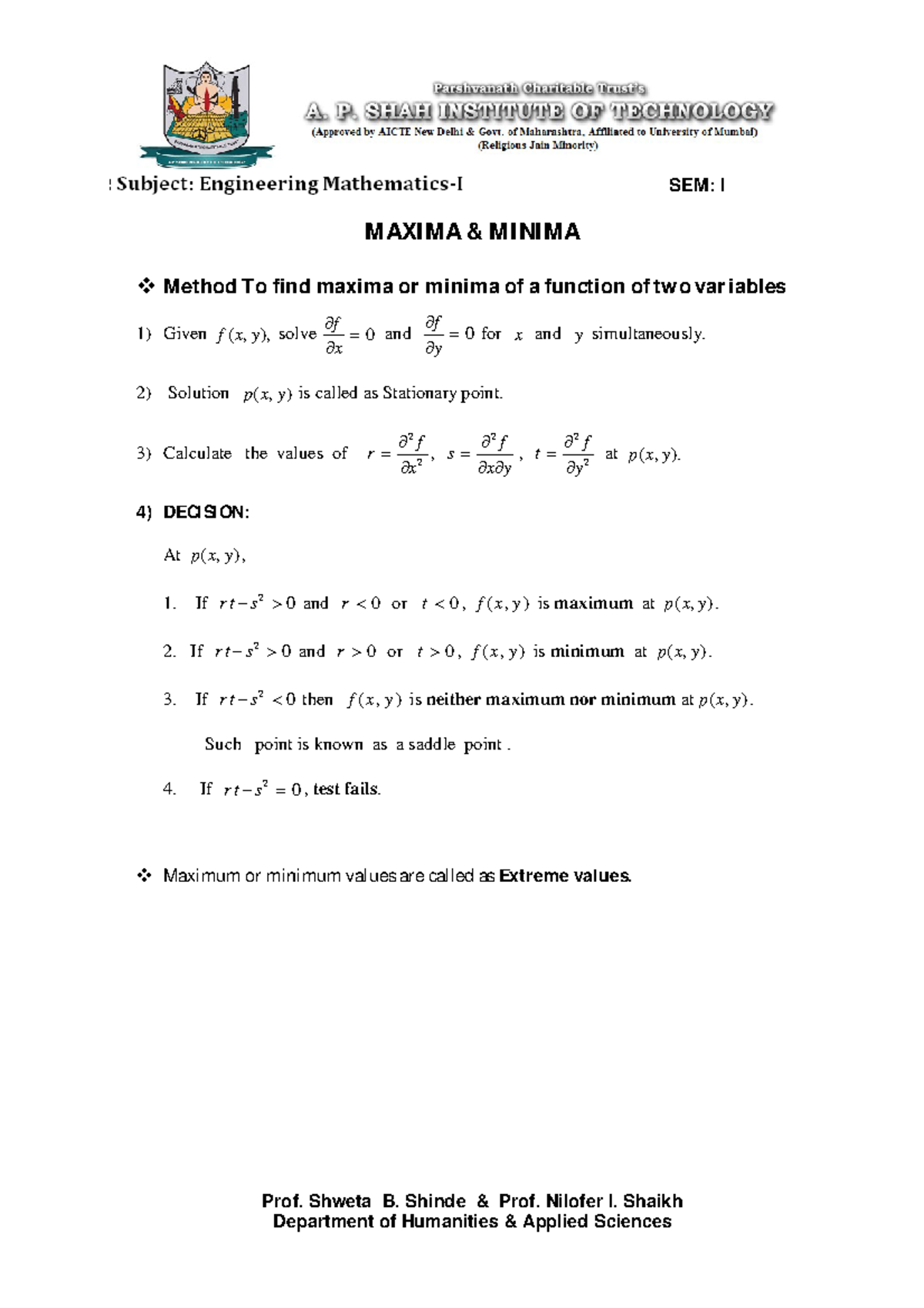1. Maxima Minima Applied Maths I semester I solved problems For ...