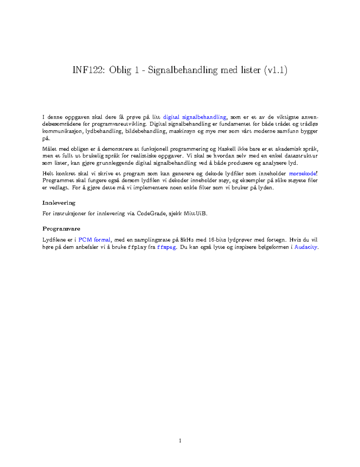 INF122: Oblig 1 Digital Signal Processing with Lists (v1.1) - Studocu