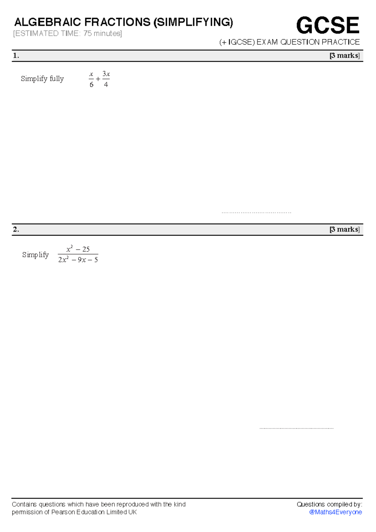 Algebraic Fractions Simplifying GCSE 9-1 Practice Questions 30220 - Studocu