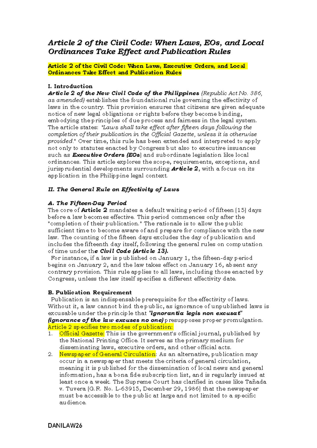 Article 2 of the Civil Code: Effectivity of Laws and Publication Rules ...