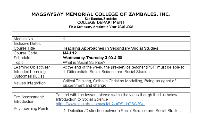 MAJ 12 Module 1: Understanding Social Science vs. Social Studies - Studocu