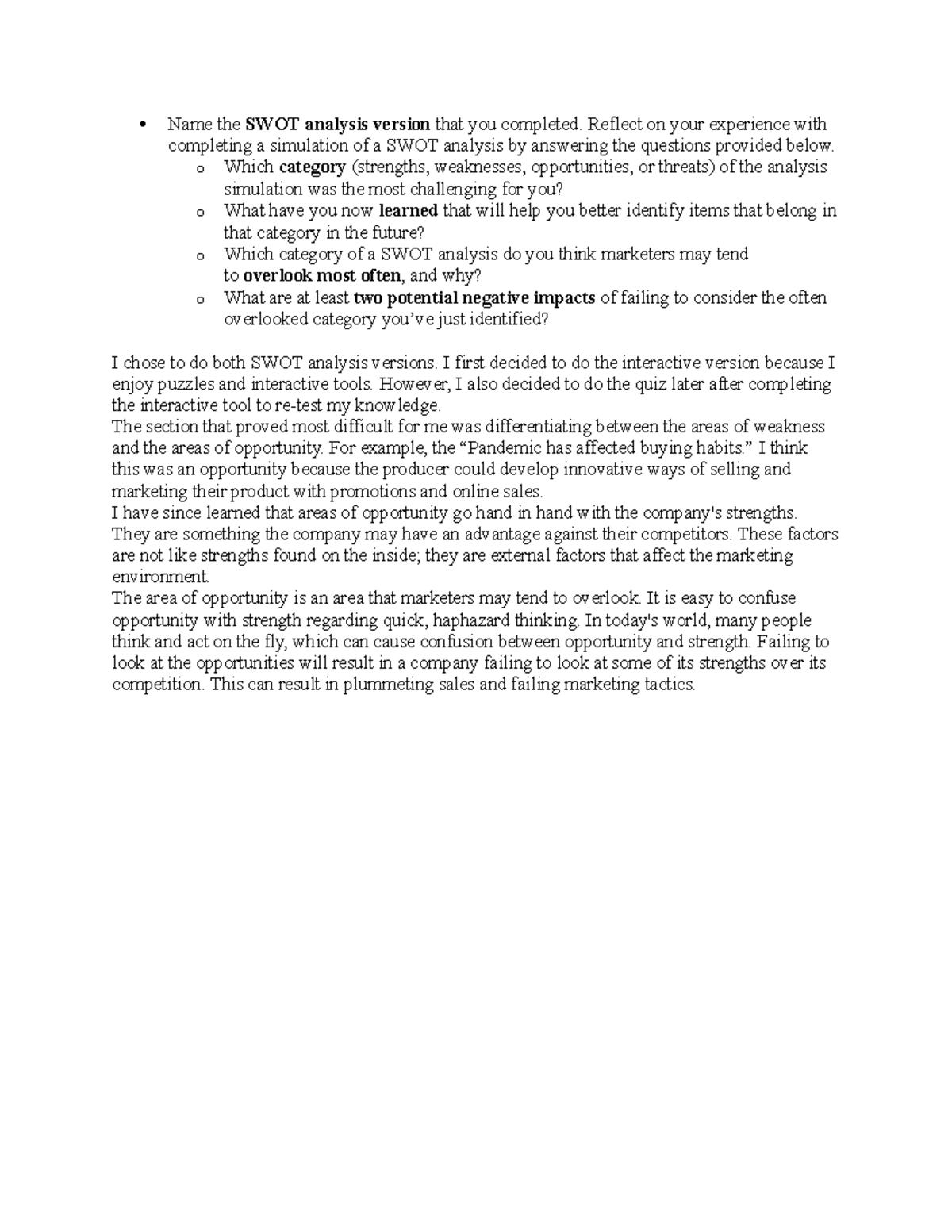 6-2 - SWOT Analysis Reflection and Applied Marketing Strategies Notes ...