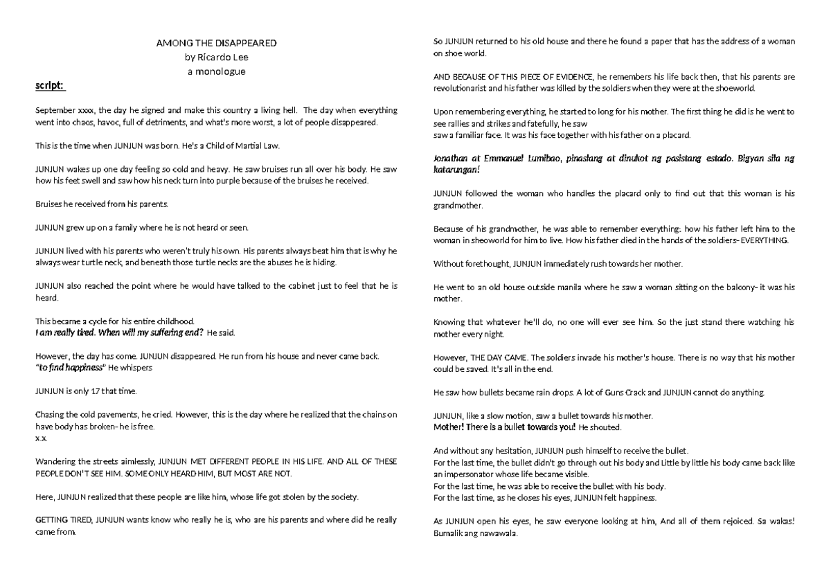 Monologue: Among the Disappeared - AMONG THE DISAPPEARED by Ricardo Lee ...