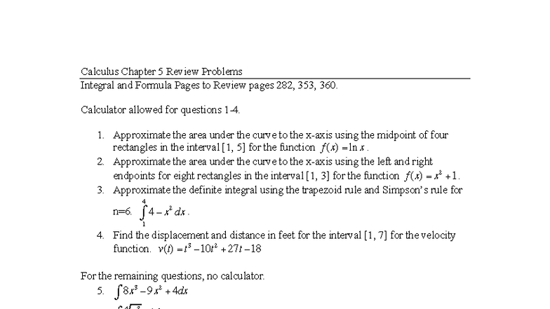 Calculus 101: Chapter 5 Review Problems & Integral Formulas - Studocu