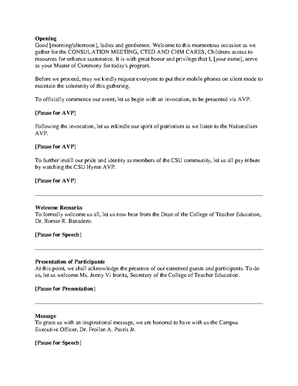CTED-CHM Consultation Meeting Script: Opening Ceremony Details - Studocu