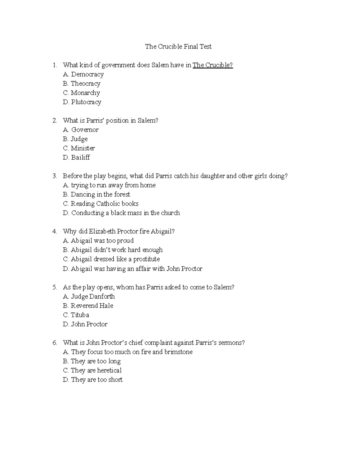 The Crucible ENG 101 Final Test Questions and Answers - Studocu
