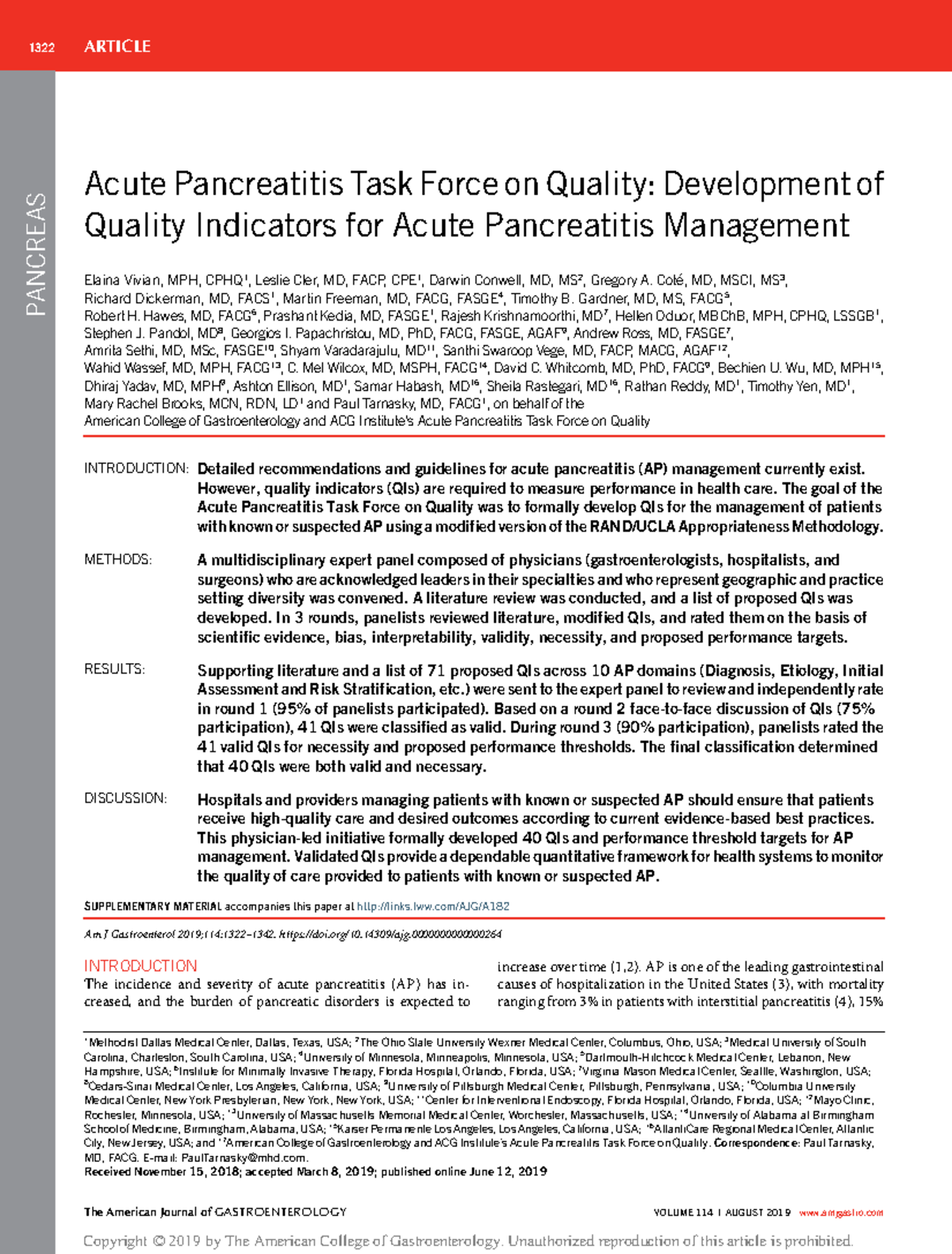 Quality Indicators for Acute Pancreatitis Management (PANCREAS 1322 ...