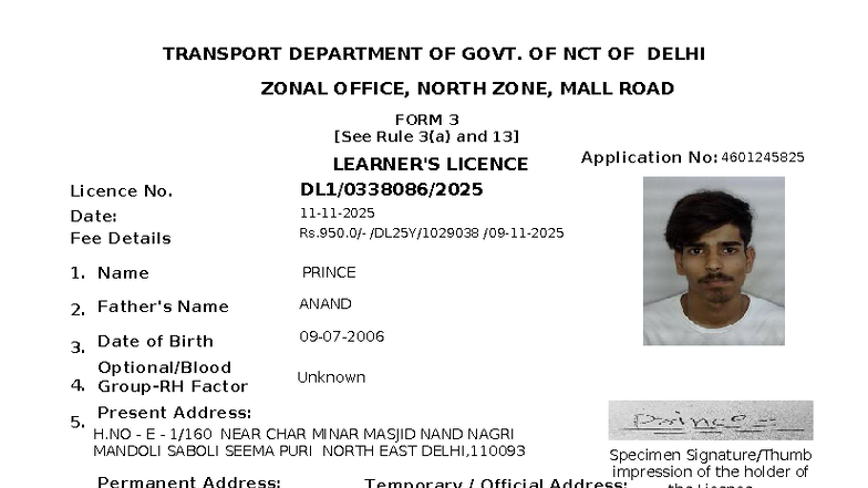NCT Delhi Transport Dept. Form 3 - Learner's License Details - Studocu