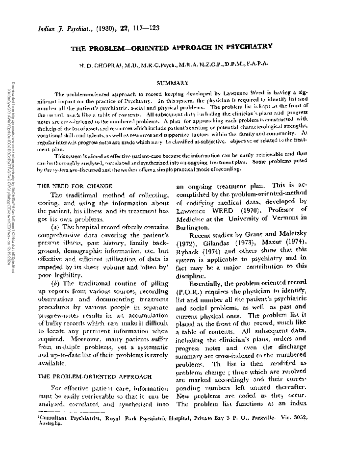 The problem oriented approach in psychiatry - Indian J. Psychiat., (1980), 22, 117— T H E P R O ...
