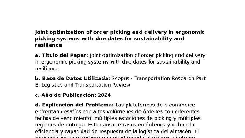 Optimización conjunta de picking y entrega en sistemas ergonómicos - Paper 1 - Studocu