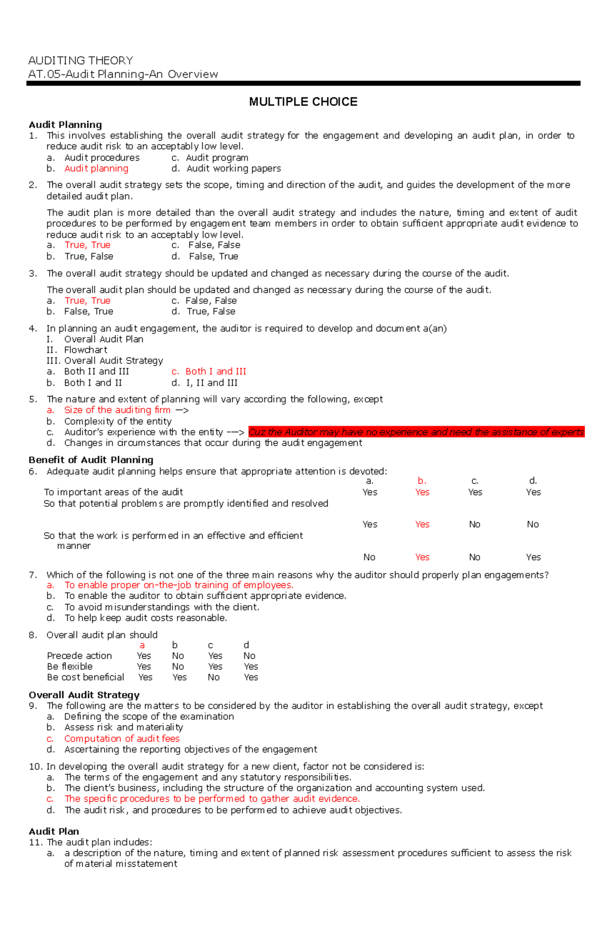 AUDITING THEORY: Chapter 2 Audit Planning Quiz (MULTIPLE CHOICE) - Studocu