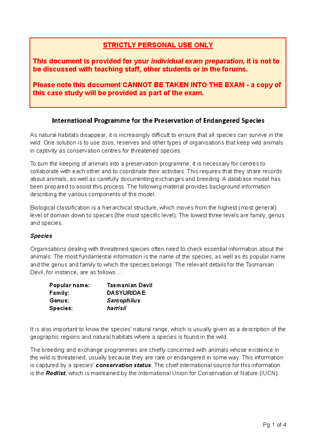 Endangered Species Case Study 2022S1 - STRICTLY PERSONAL USE ONLY This ...