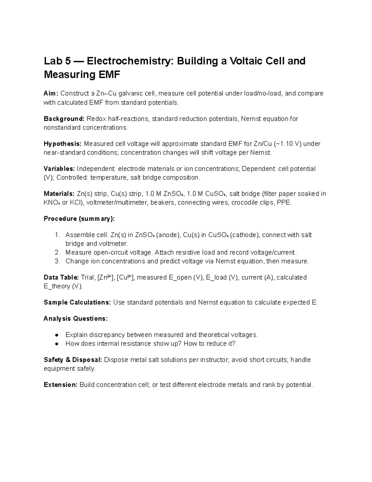 Lab 5: Electrochemistry - Voltaic Cell Construction & EMF Measurement - Studocu
