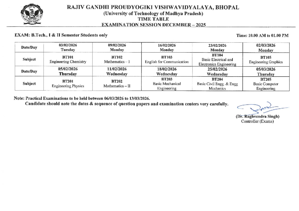 B.Tech Exam Time Table Dec 2025 - RGPV Bhopal (I & II Sem) - Studocu