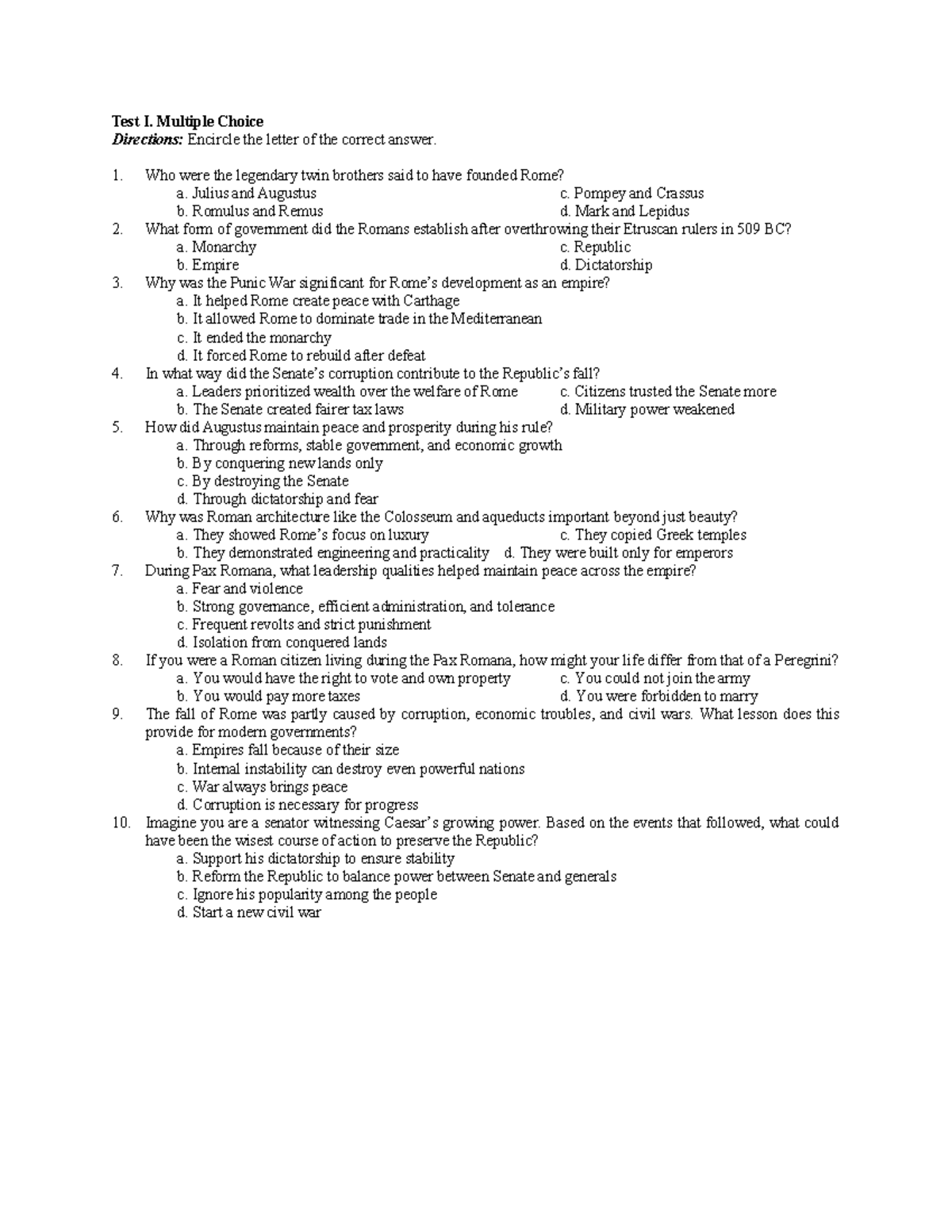 World History 1: Test I Multiple Choice Questions - Studocu