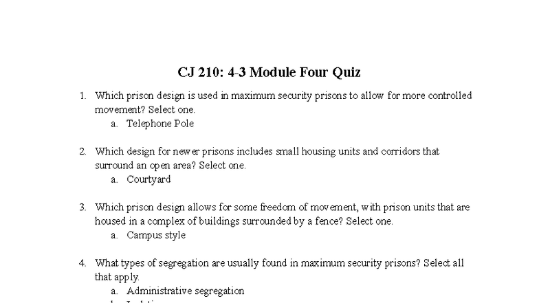 CJ 210: Module Four Quiz on Prison Design and Parole Issues - Studocu
