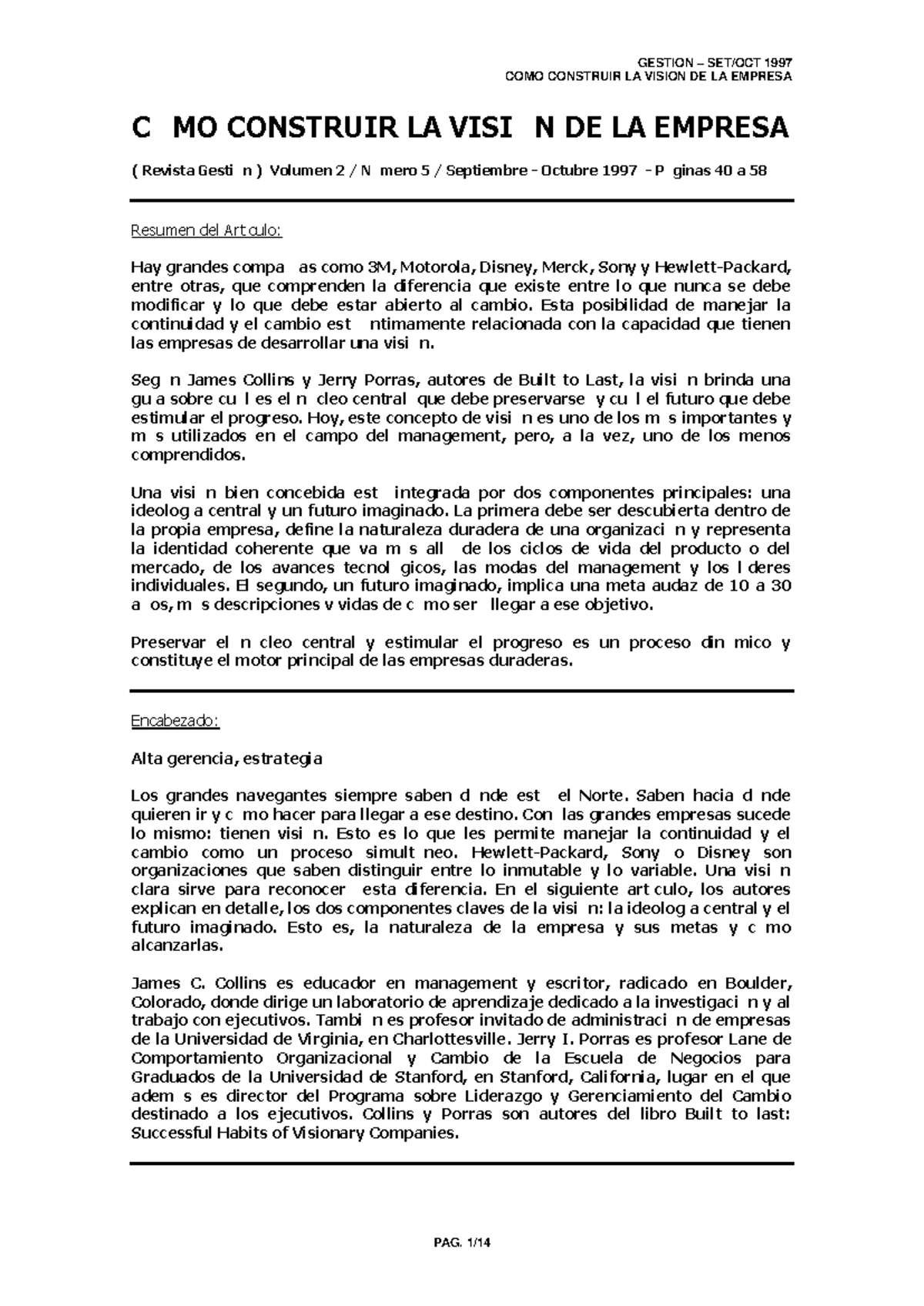 GESTION 1997: Cómo Construir la Visión de la Empresa según Collins y ...