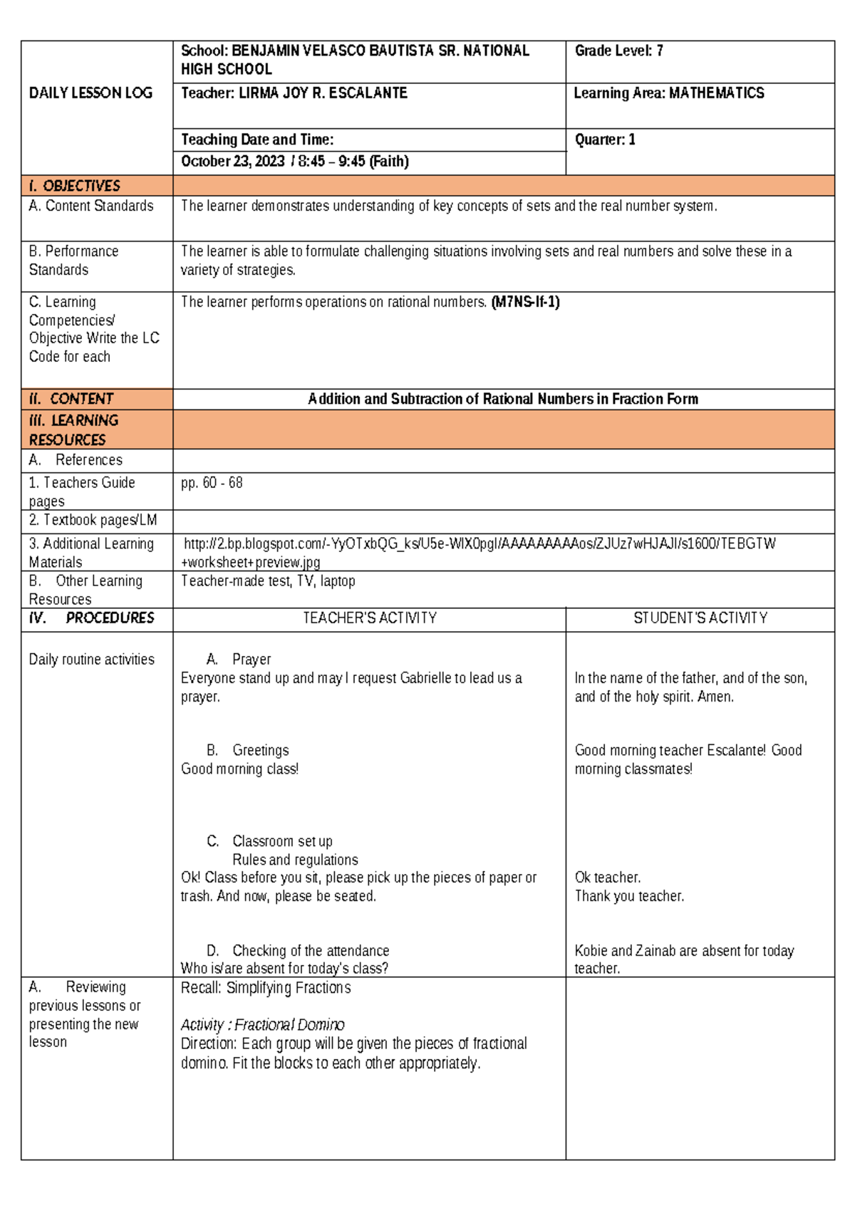 DLP: Addition of Rational Numbers in Fraction Form - Grade 7 - Studocu
