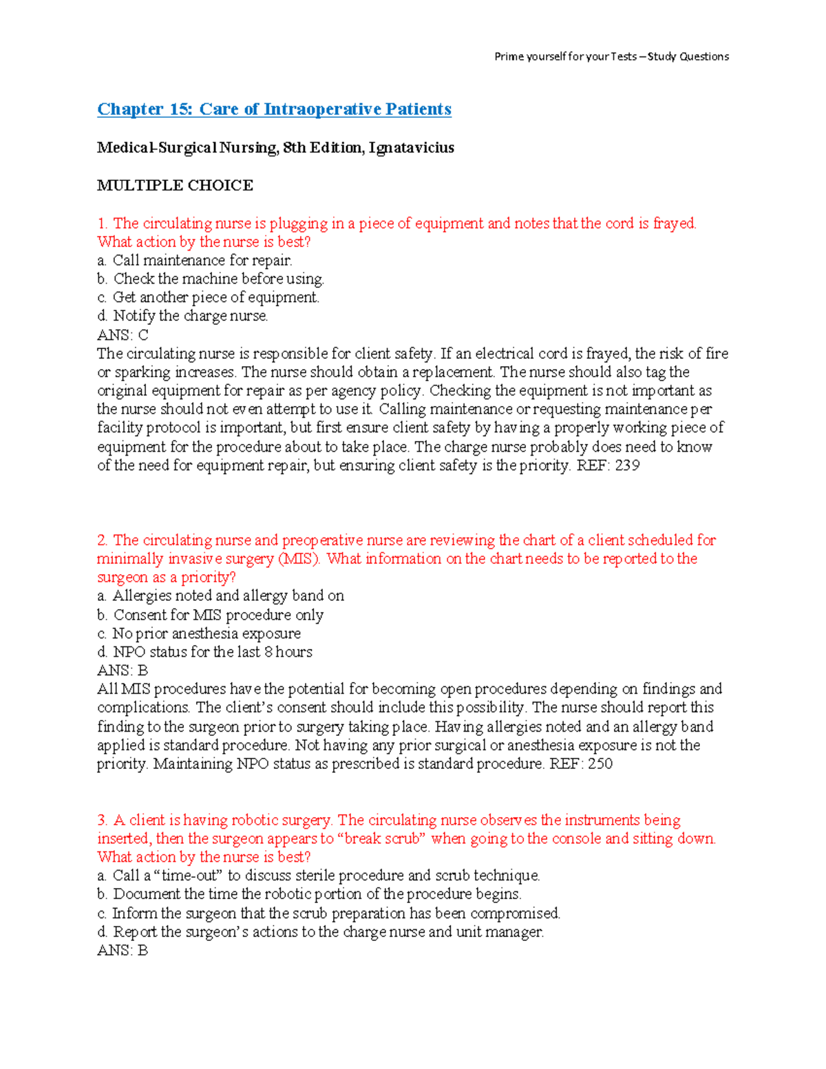 Intraoperative Practice Questions - Medical-Surgical Nursing (Final ...