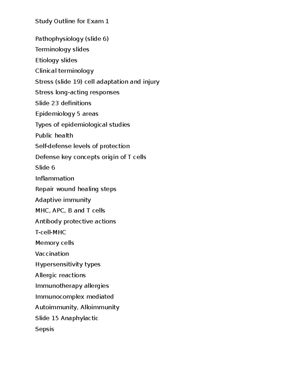 Pathophysiology Study Outline for Exam 1 - Study Outline for Exam 1 ...