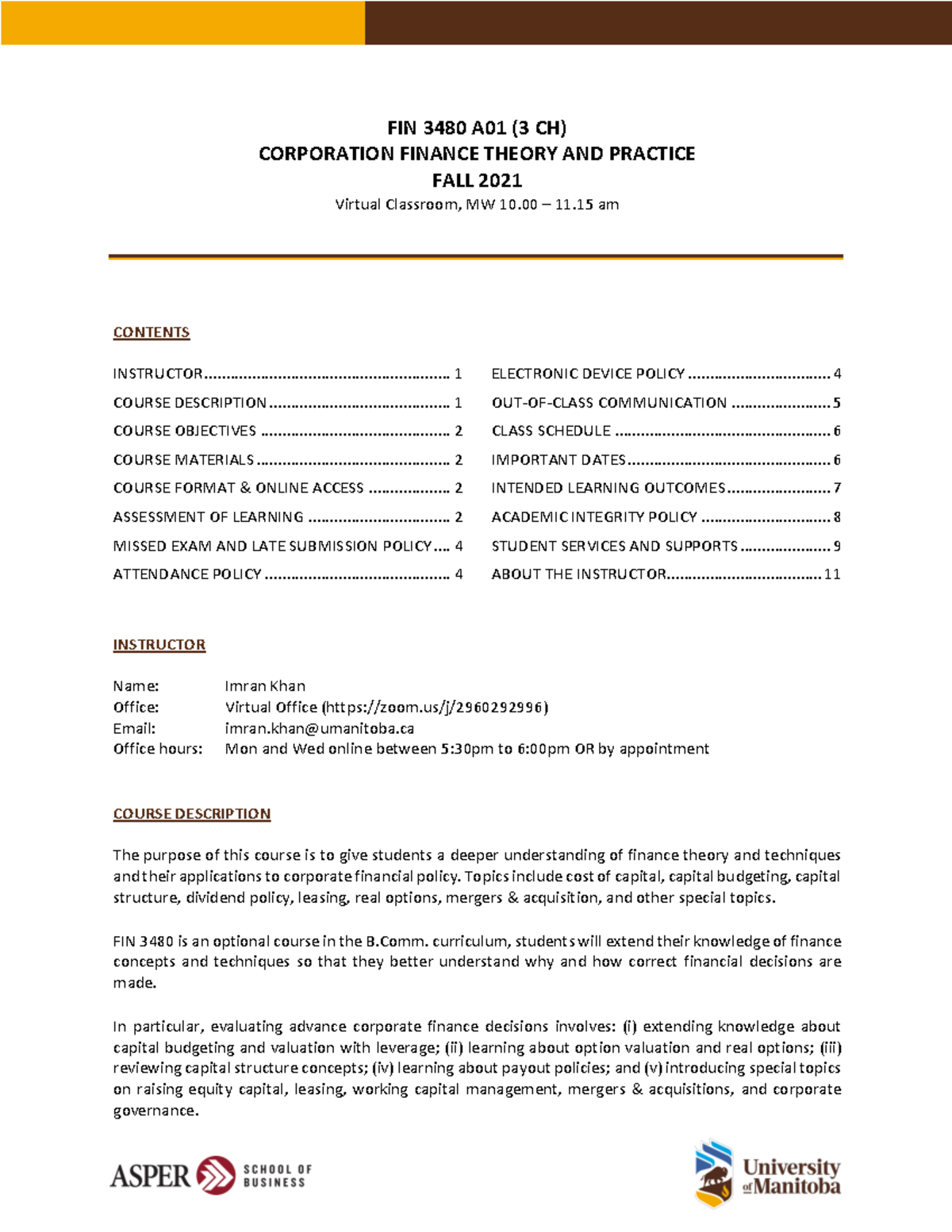 FIN3480 A01 F21- Updated-Sep9 - FIN 3410 - U of M - Studocu