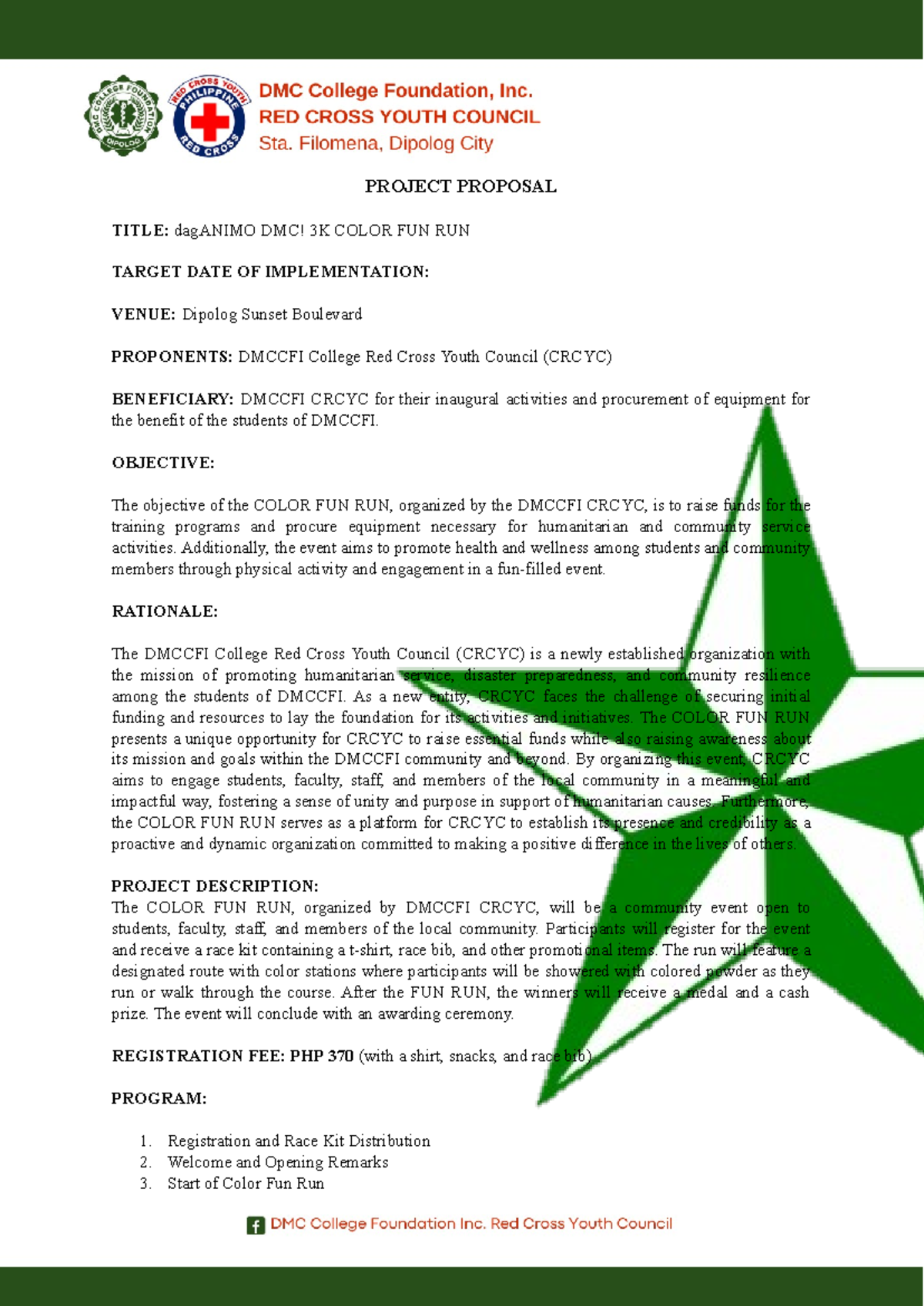 Project Proposal: Daganimo DMC! 3K Color Fun Run Event - Studocu