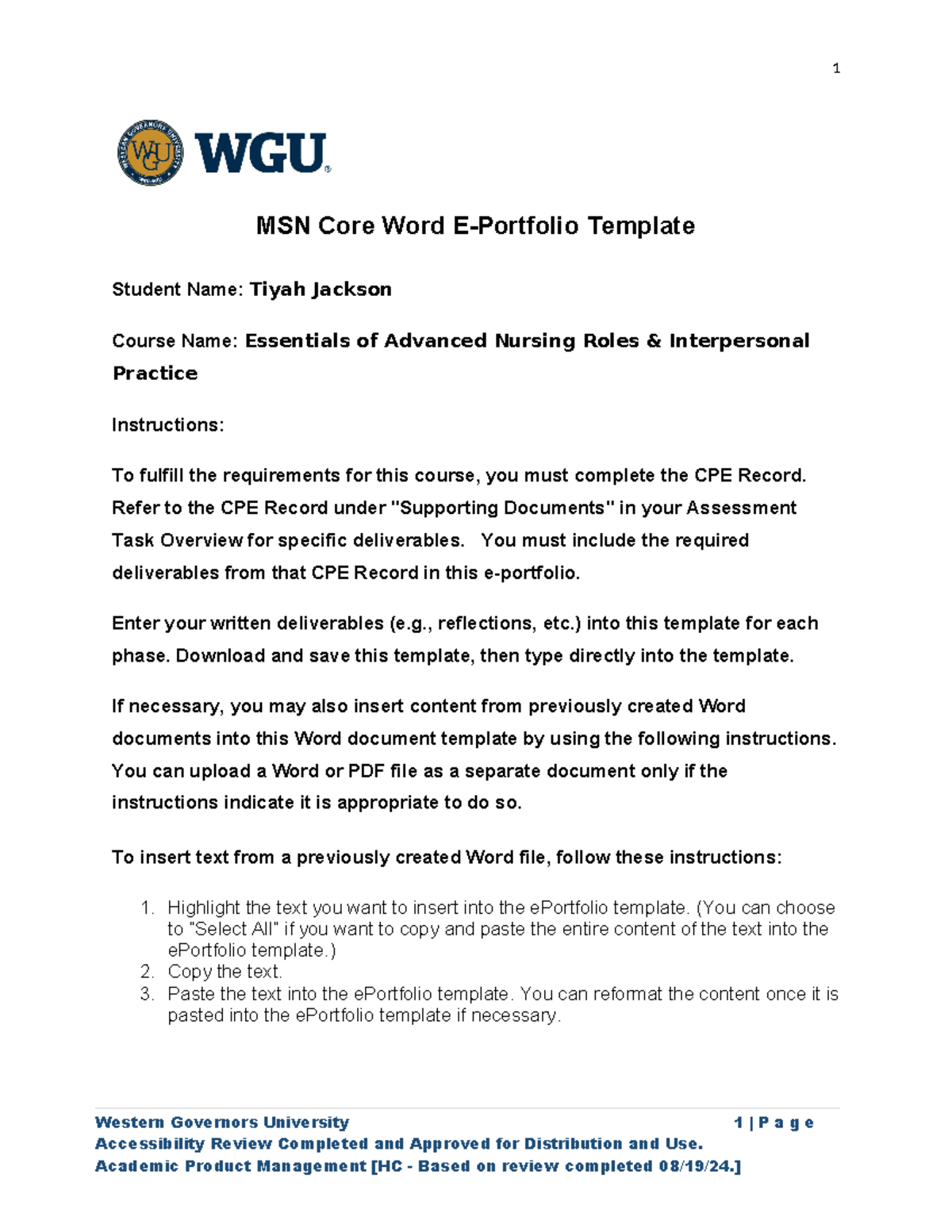 MSN D025 E-Portfolio Template for Advanced Nursing Role Assessment - Studocu