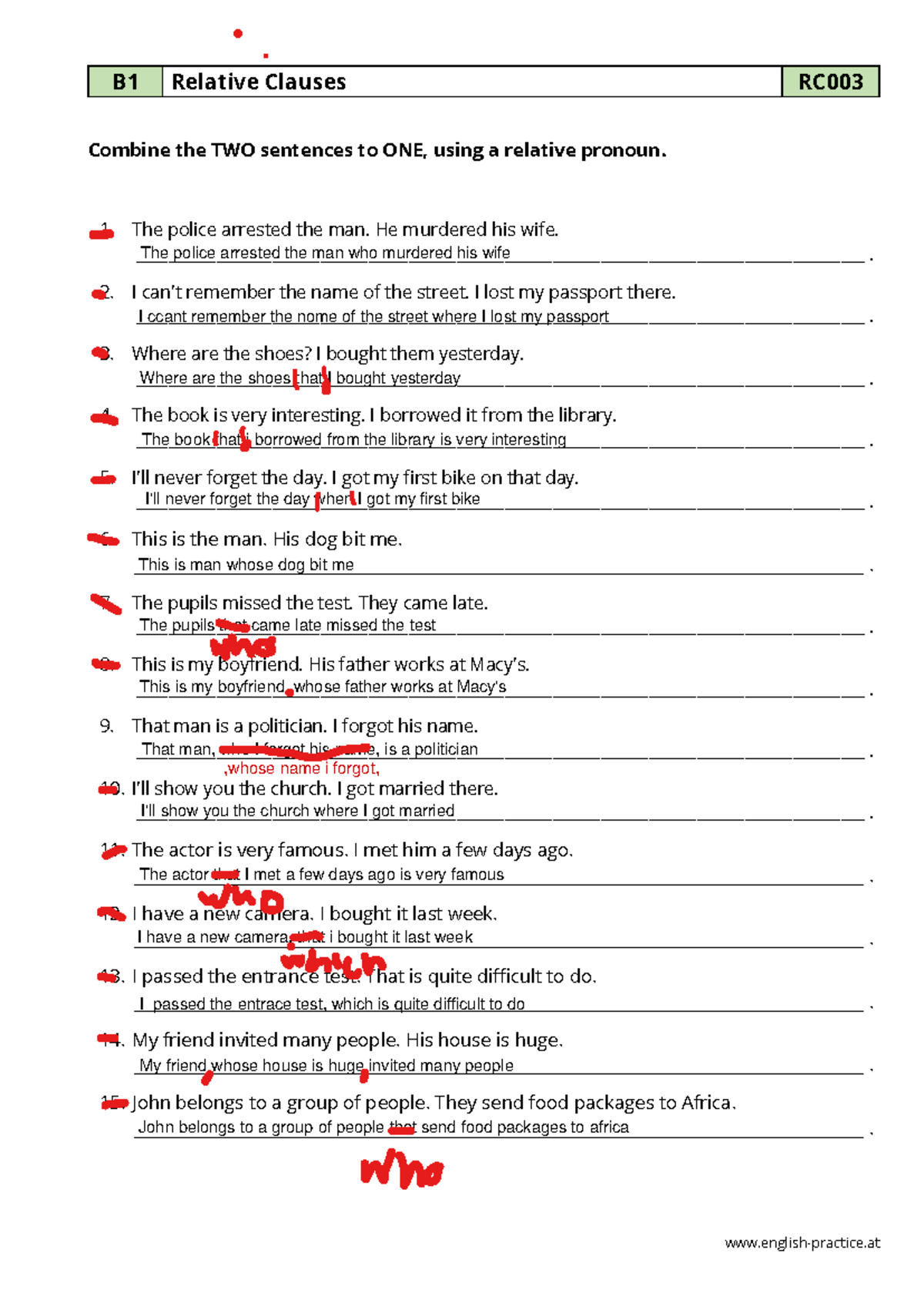 Relative-clauses - ficha de trabalho - english-practice B1 Relative Clauses RC00 3 Combine the ...