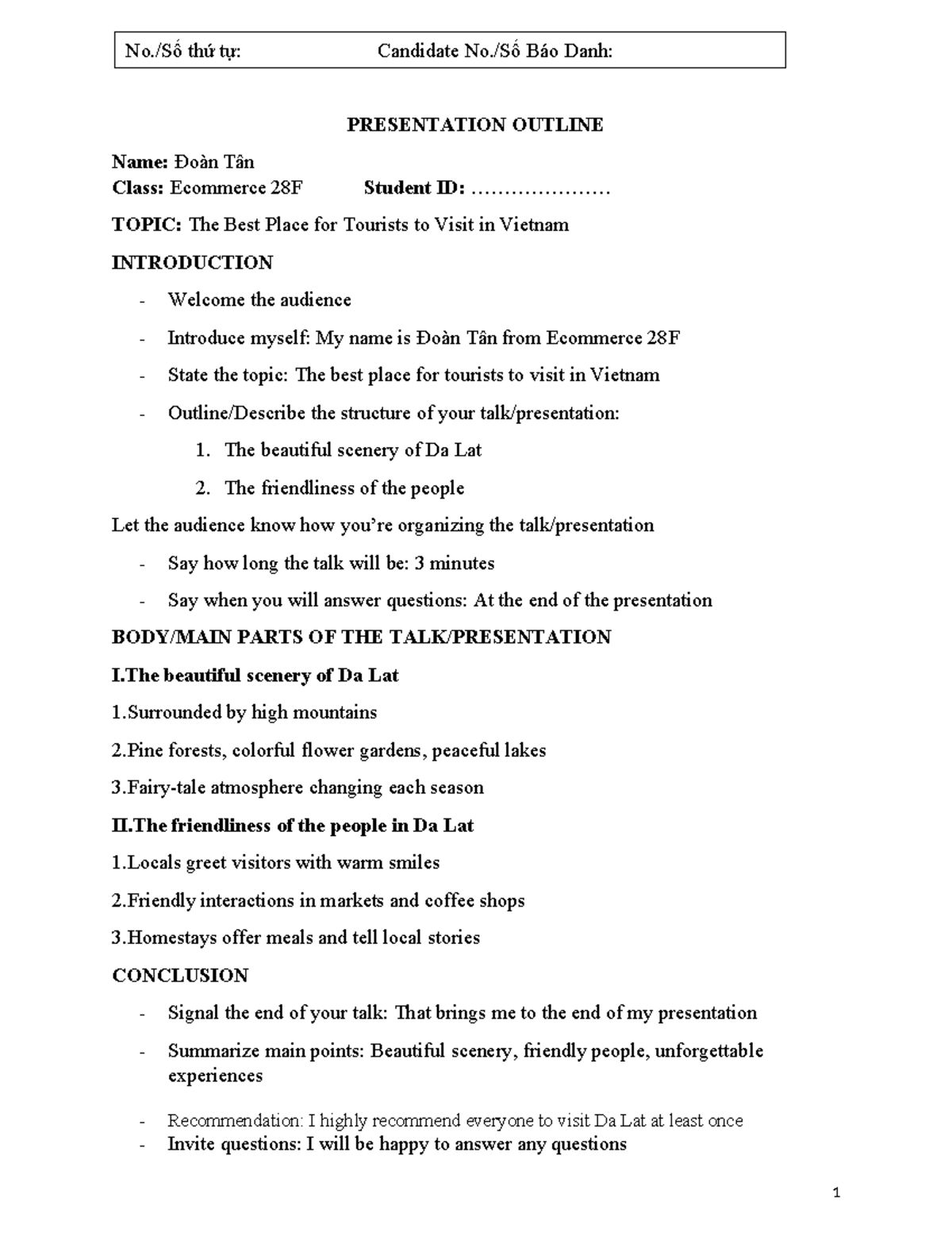 Ecommerce 28F: Presentation Outline on Da Lat Tourism - Studocu
