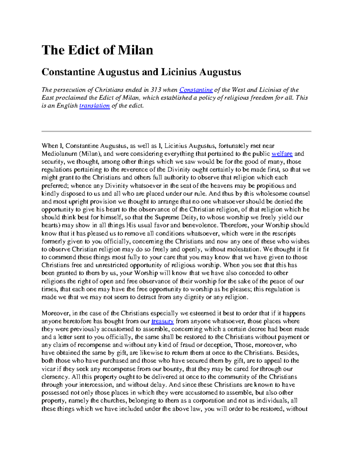 Edict of Milan: Religious Freedom Proclaimed by Constantine (HIST101 ...