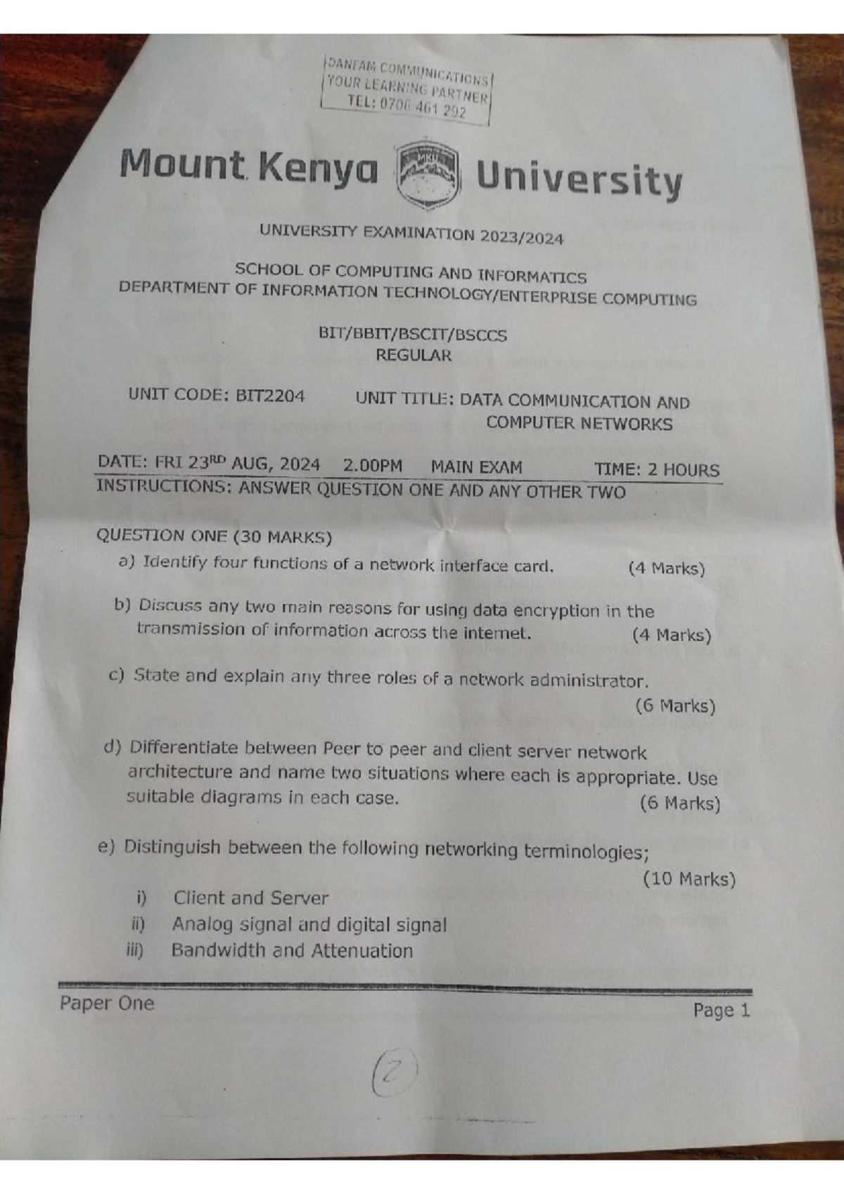 BIT2204 Data Communication & Computer Networks Final Exam Paper 2024 - Studocu