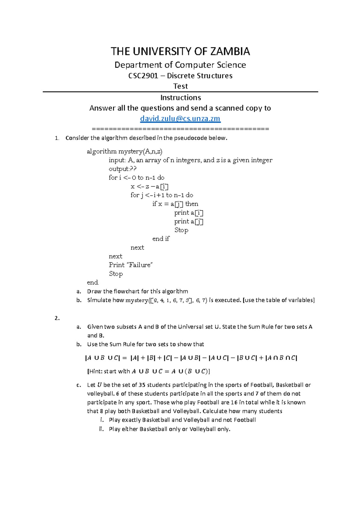 CSC2901 Discrete Structures Test Prep: Algorithms & Set Theory - Studocu