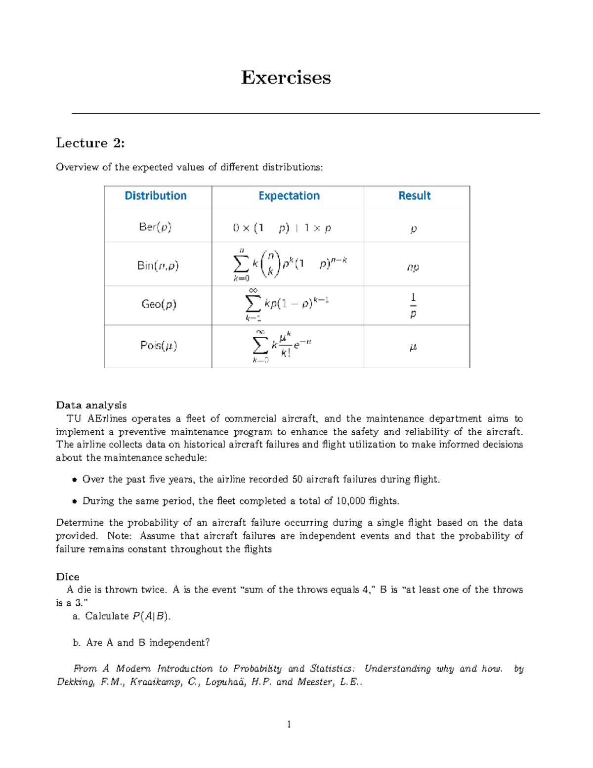 Exercises Lecture 2: Expected Values & Probability Distributions - Studeersnel