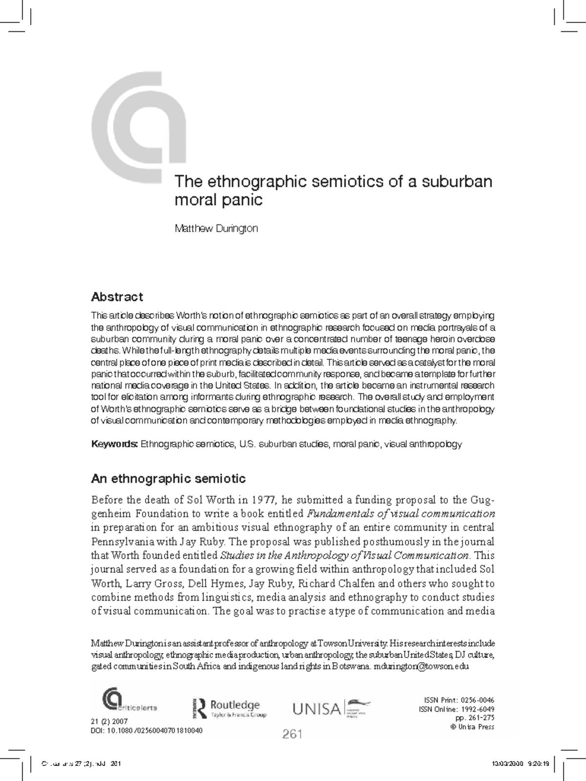 The Ethnographic Semiotics of a Suburban Moral Panic - Studocu
